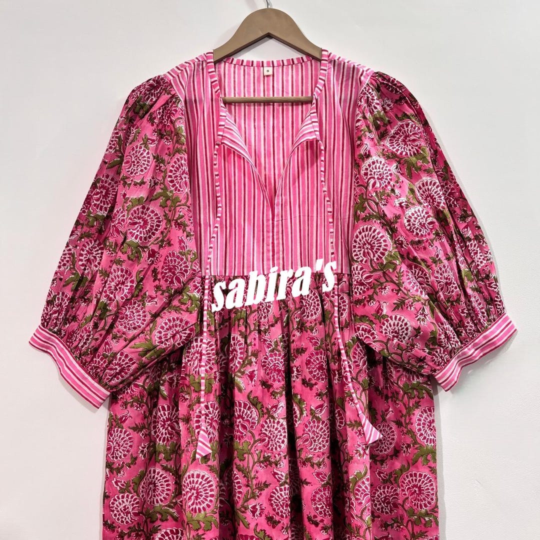 Pink Floral Block Print Cotton Midi Dress: Bohemian Summer Tunic - Etsy