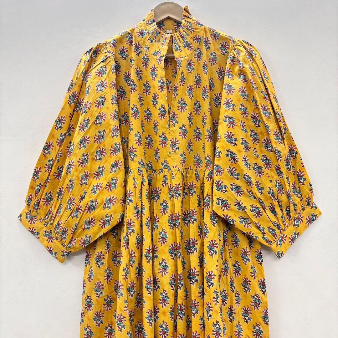 Yellow Floral Print Cotton Maxi Dress: 3/4 Sleeve Summer Dress - Etsy