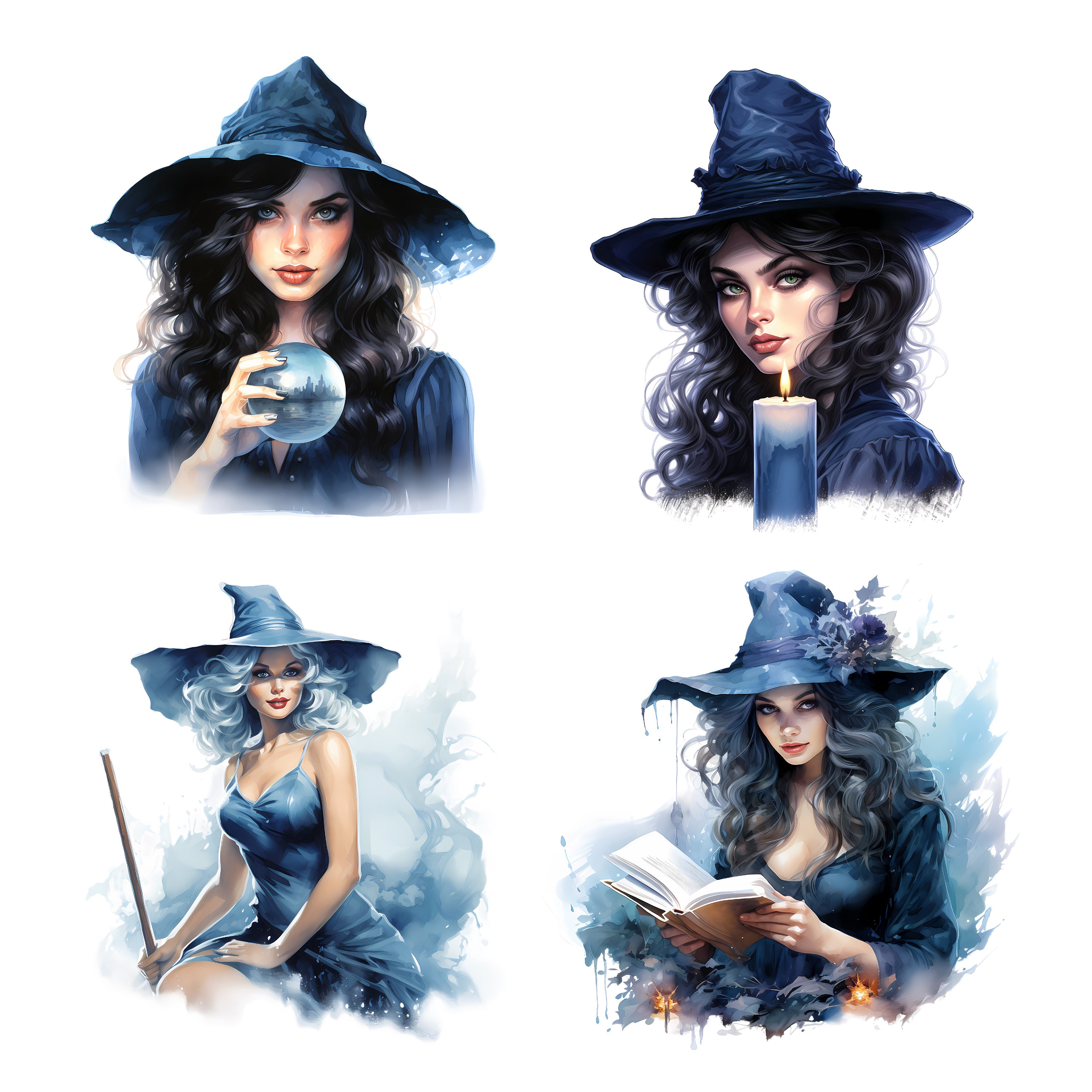 12 Blue Witch Clipart, Watercolor Witch With Transparent Background ...