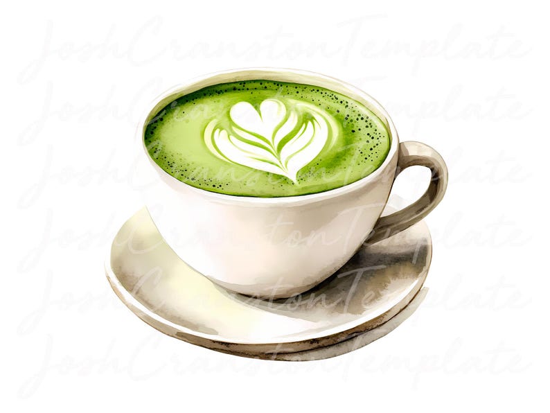 Matcha Latte Clipart Set, 12 Green Tea Watercolor Pngs With Latte Art ...