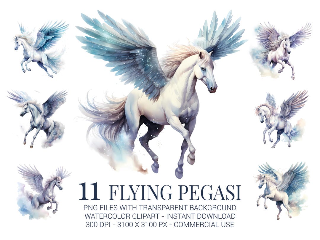 Flying Pegasus Clipart Set - 11 Watercolor Winged Horses Pngs in Motion ...