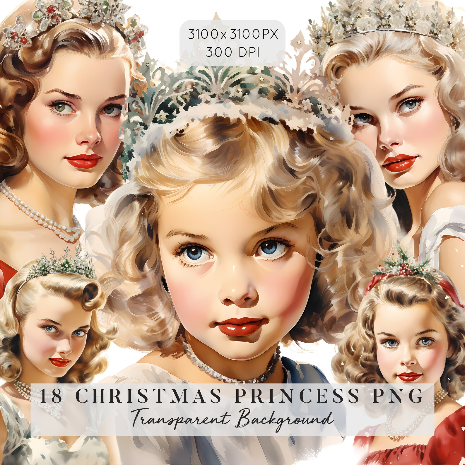 18 Christmas Princess Clipart, Watercolor Princess With Transparent ...