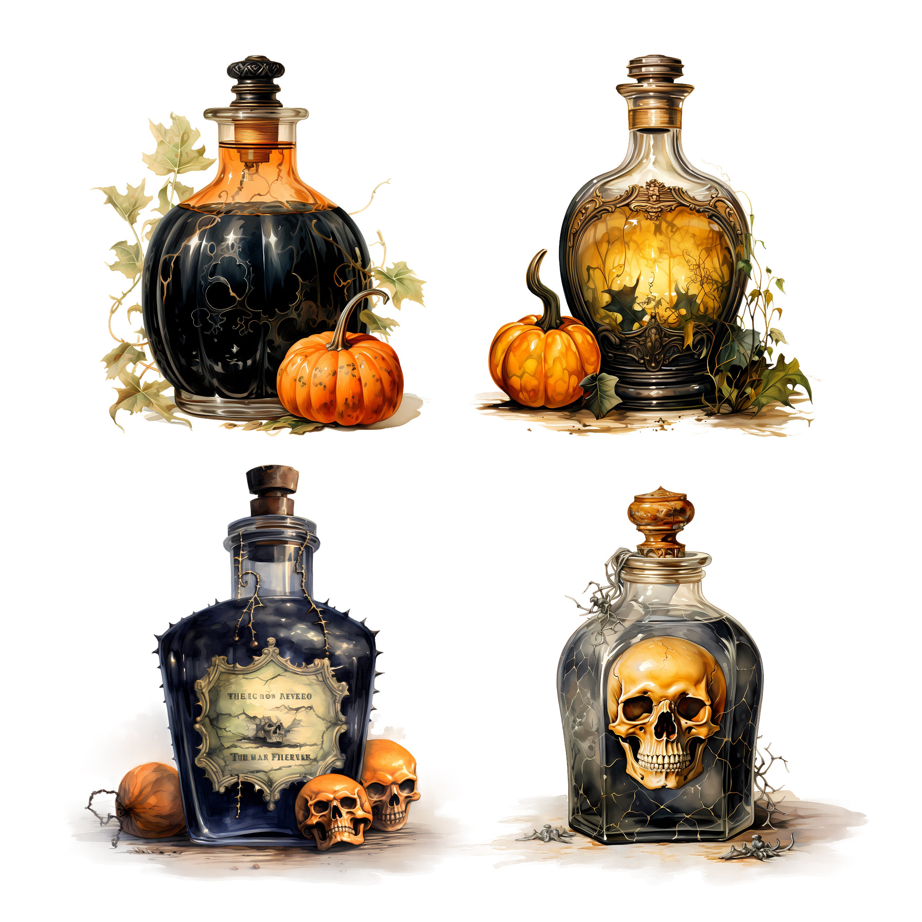 20 Halloween Potion Bottles Clipart, Watercolor Potion Botttle With ...