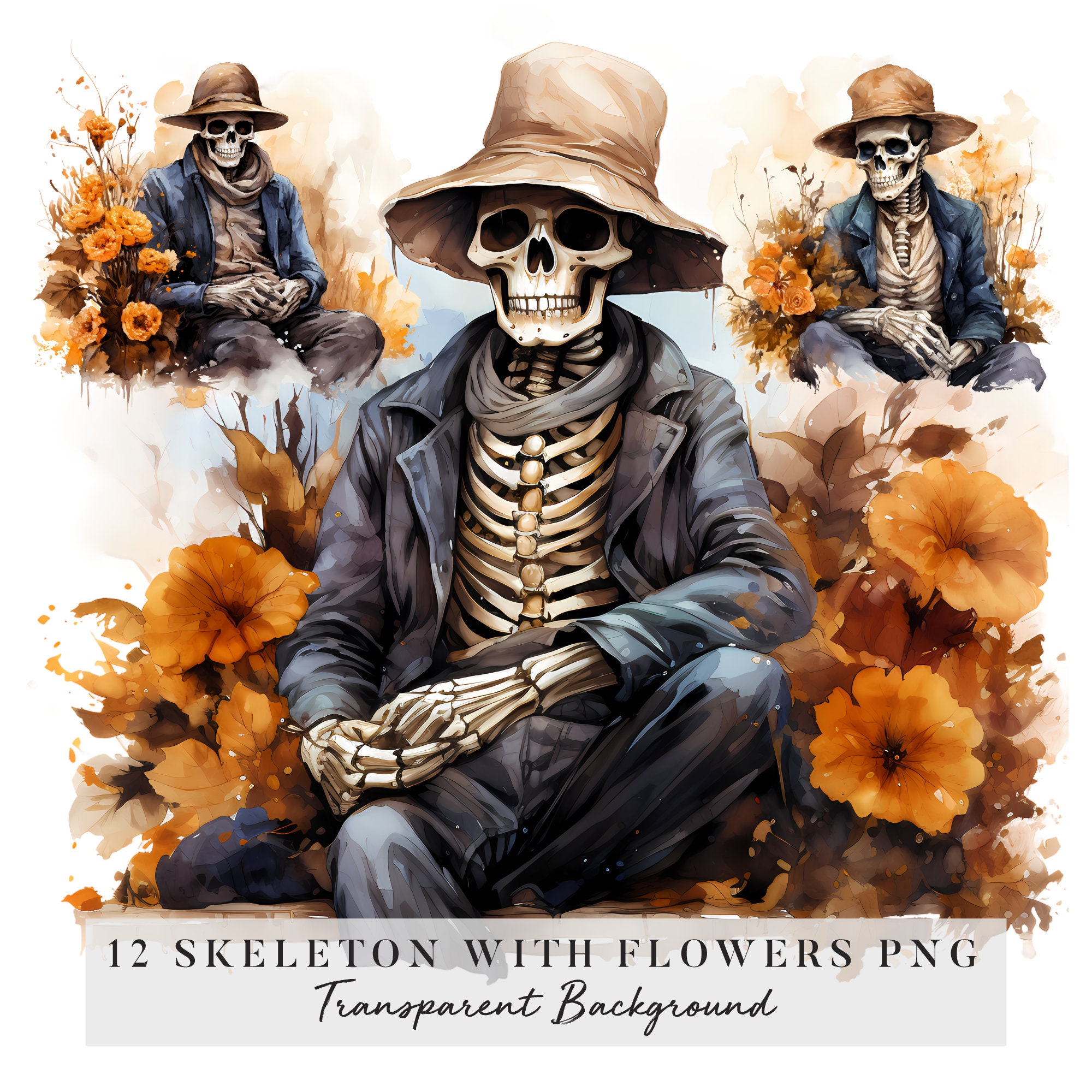 Sitting Skeleton Watercolor With Jacket Hat and Flower Clipart, Clipart ...