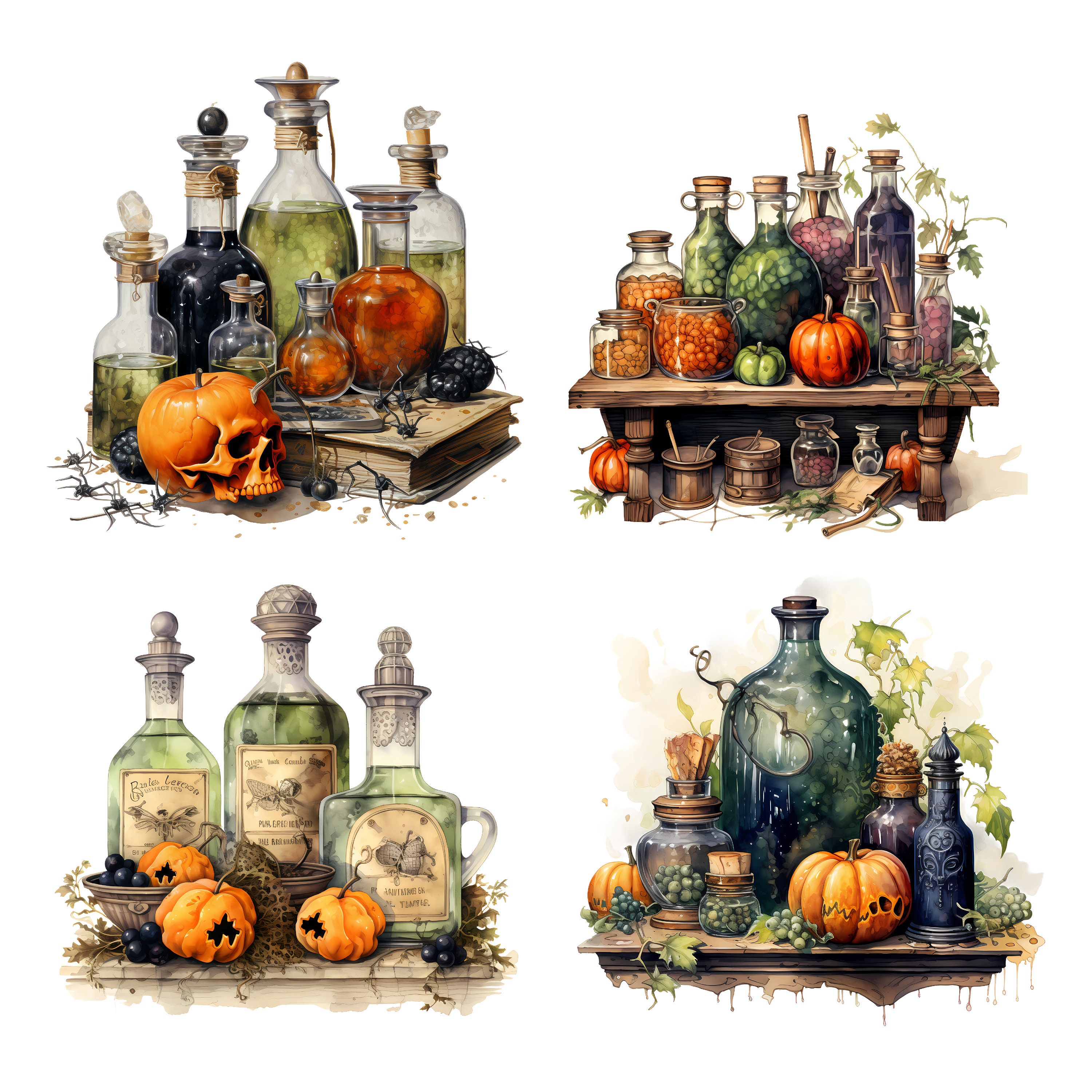 20 Halloween Potion Bottles Clipart, Watercolor Potion Botttle With ...