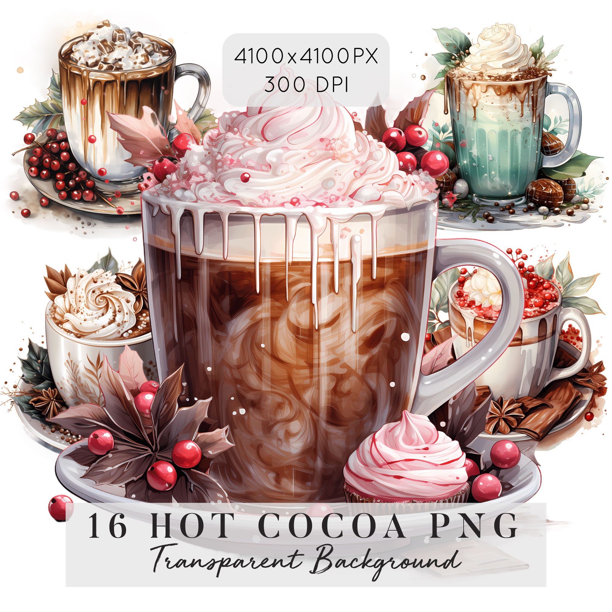 16 Hot Cocoa Clipart, Winter Holiday Cilpart, Hot Cocoa PNG Bundle ...