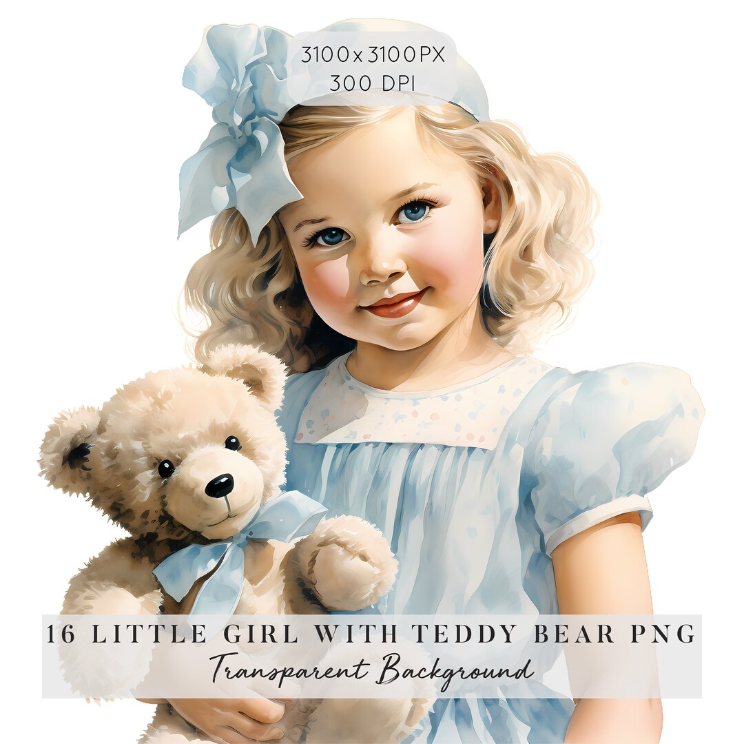 16 Little Girl With Teddy Bear Clipart, Watercolor Little Girl With ...