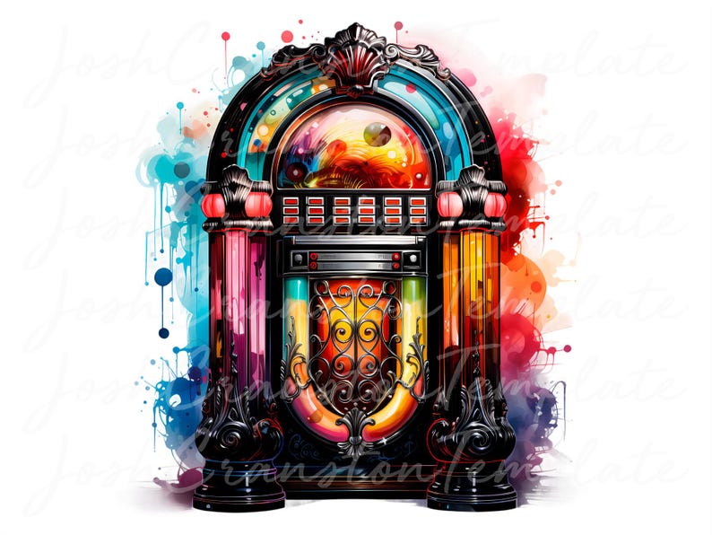 Retro Jukeboxes Clipart Set, 16 Colorful Watercolor Music Pngs for 50s ...