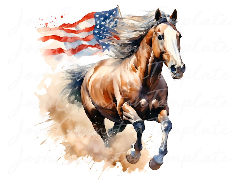 Patriotic Horses Clipart, 12 Watercolor Running Horses With Flags for ...