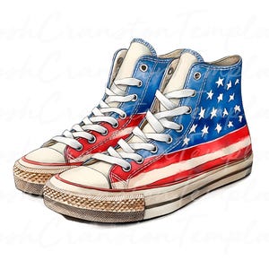 12 Patriotic Sneakers Watercolor Clipart, Red White Blue Shoes Art, 4th ...