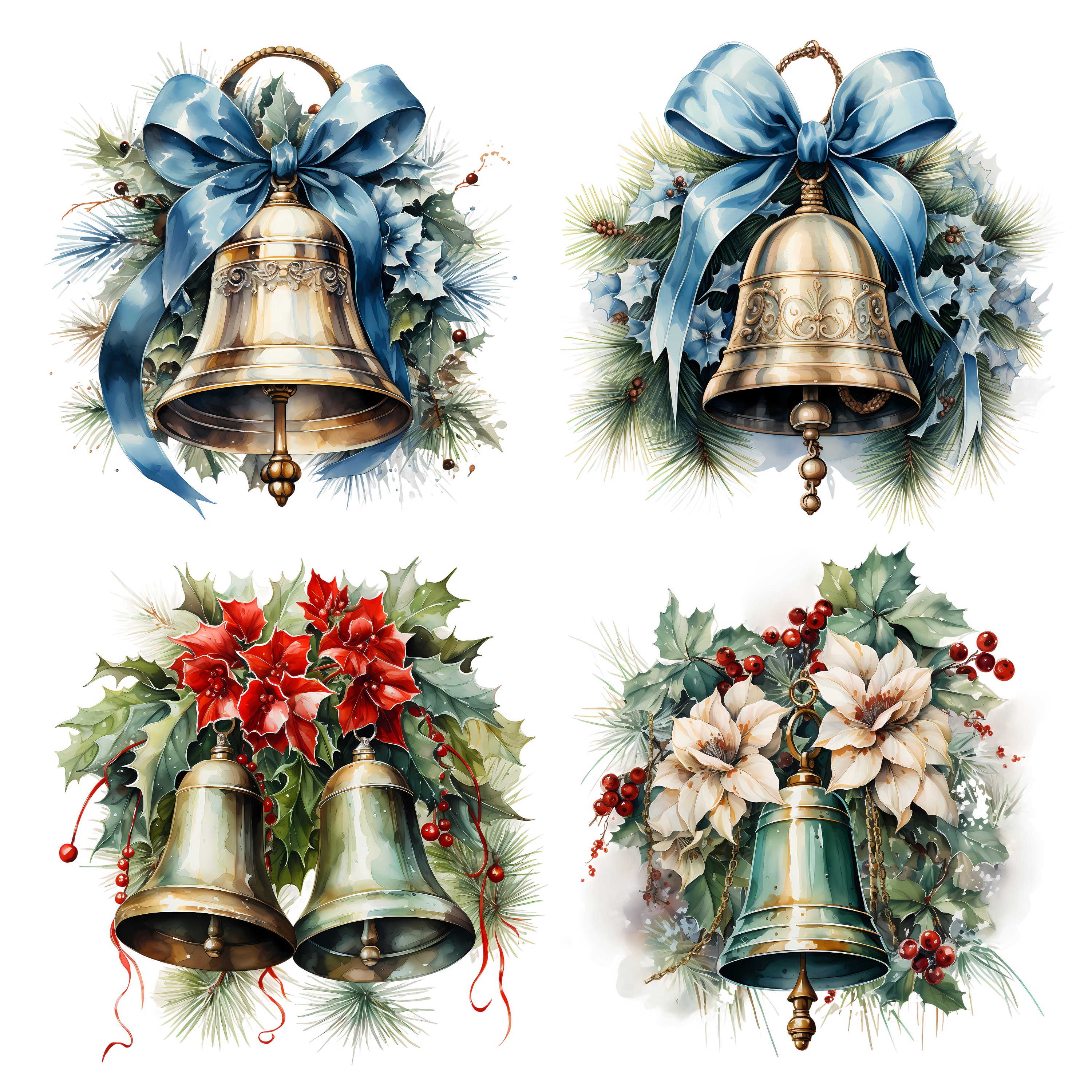 19 Christmas Bells Clipart, Watercolor Christmas Bell, Bells With Bows ...