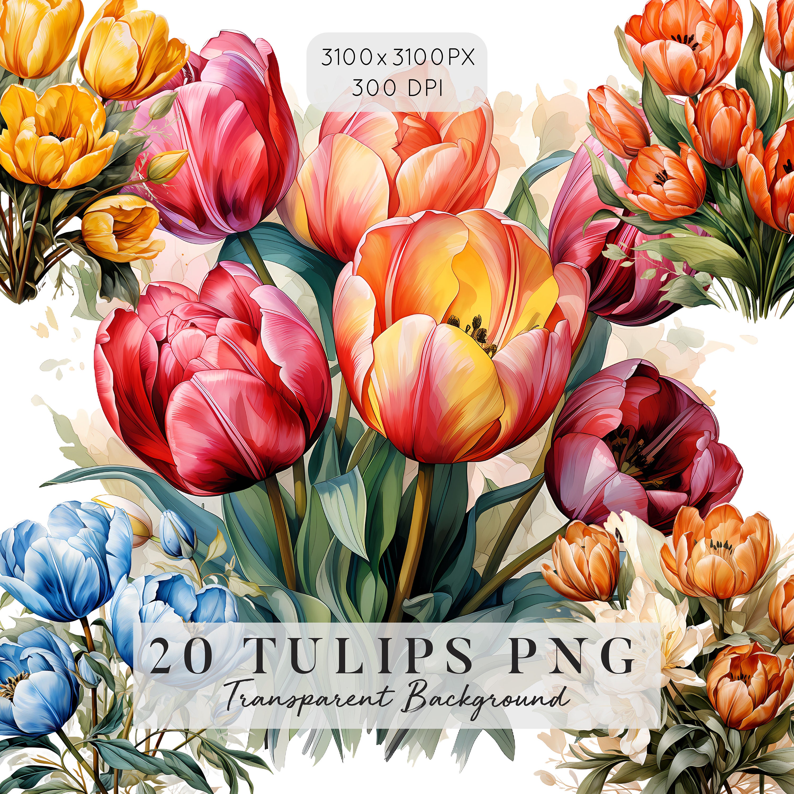20 Tulips Clipart, Watercolor Tulip, PNG With Transparent Background ...