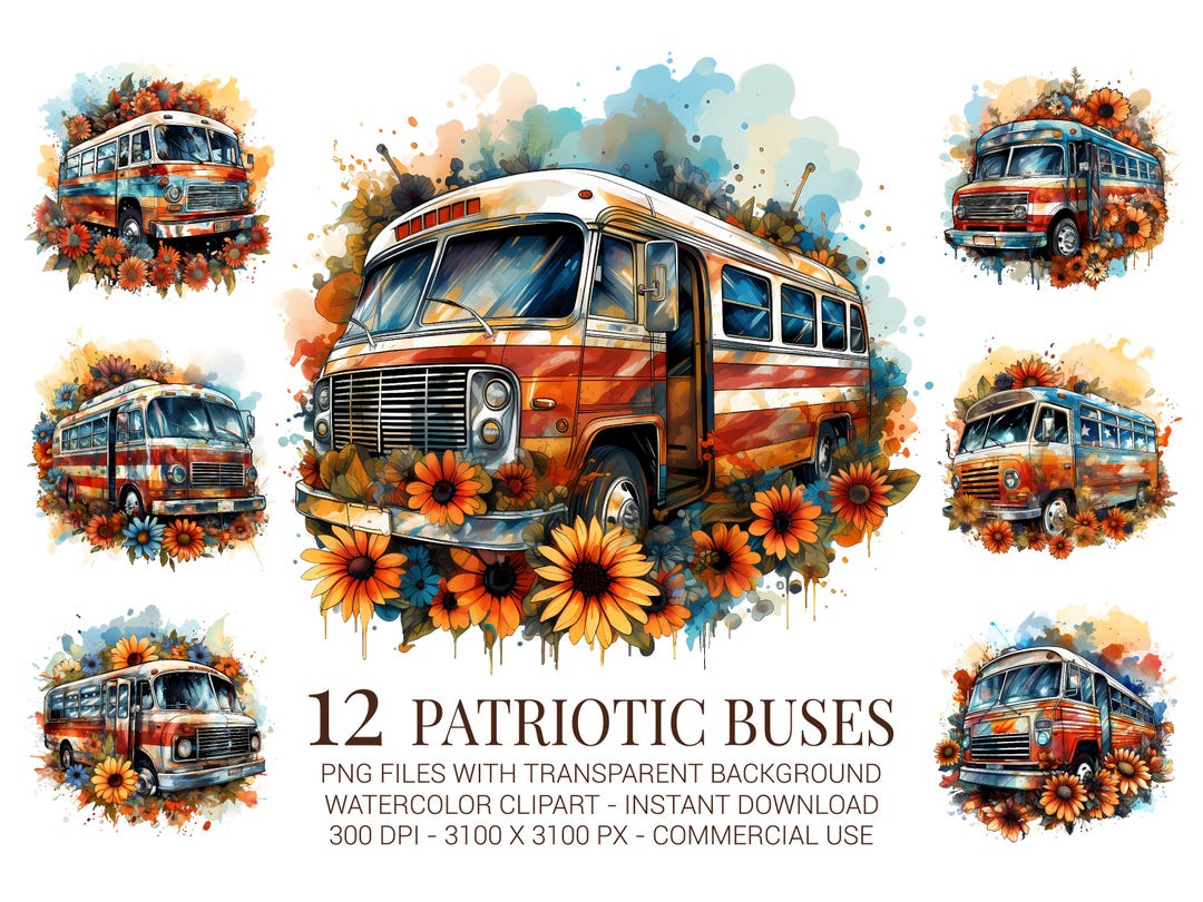 Patriotic Buses Clipart Set, 12 Watercolor Vintage USA Flag Buses With ...