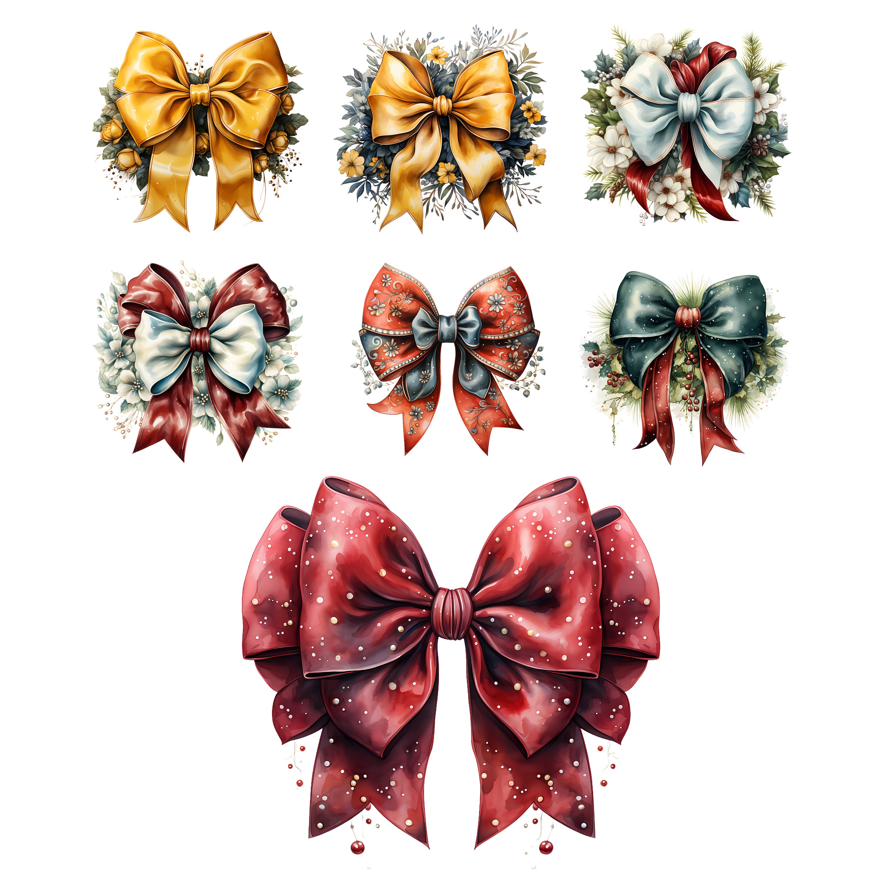 25 Christmas Bow Clipart, Watercolor Bow With Transparetn Background ...