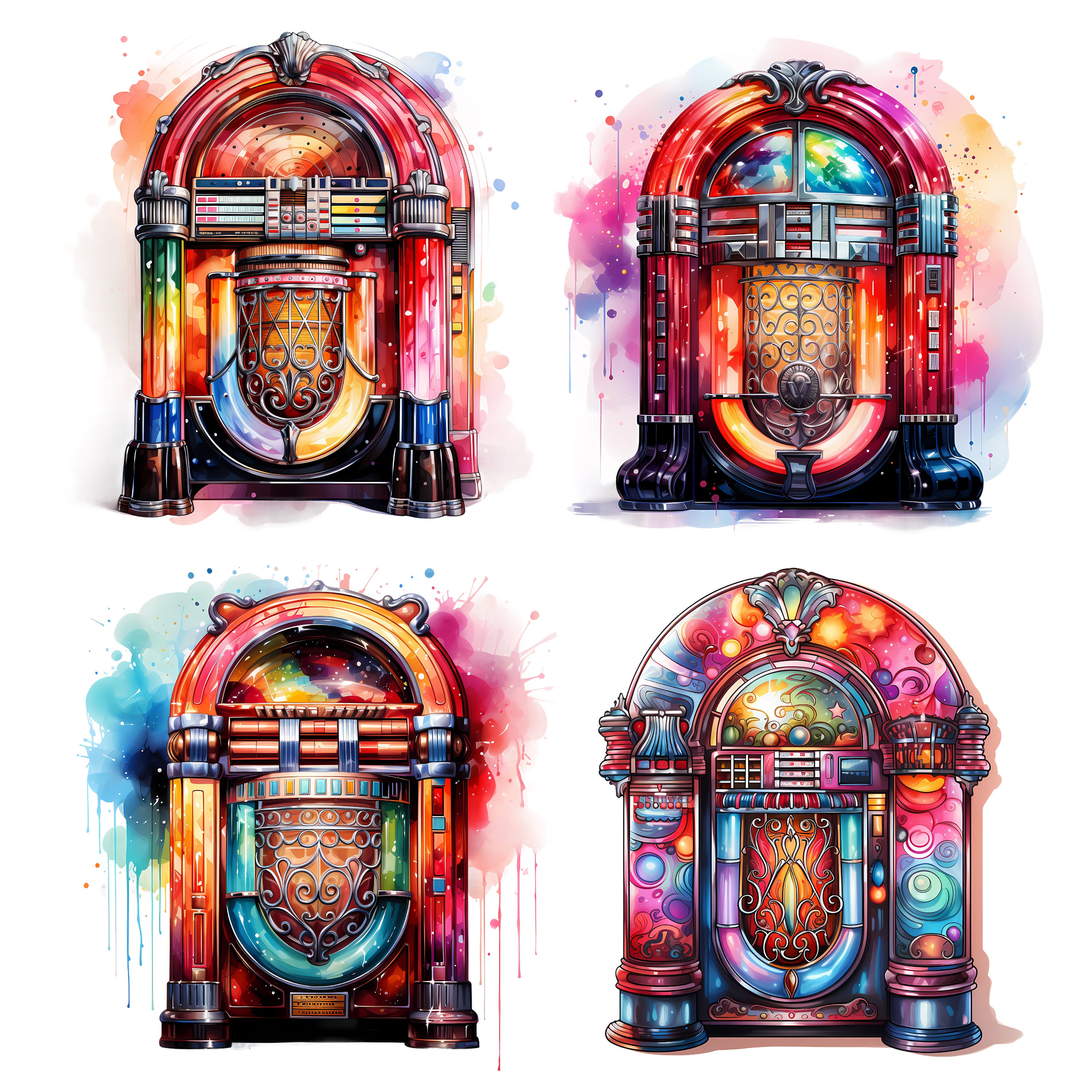 14 Rainbow Jukebox Clipart, Watercolor Jukebox With Transparent ...
