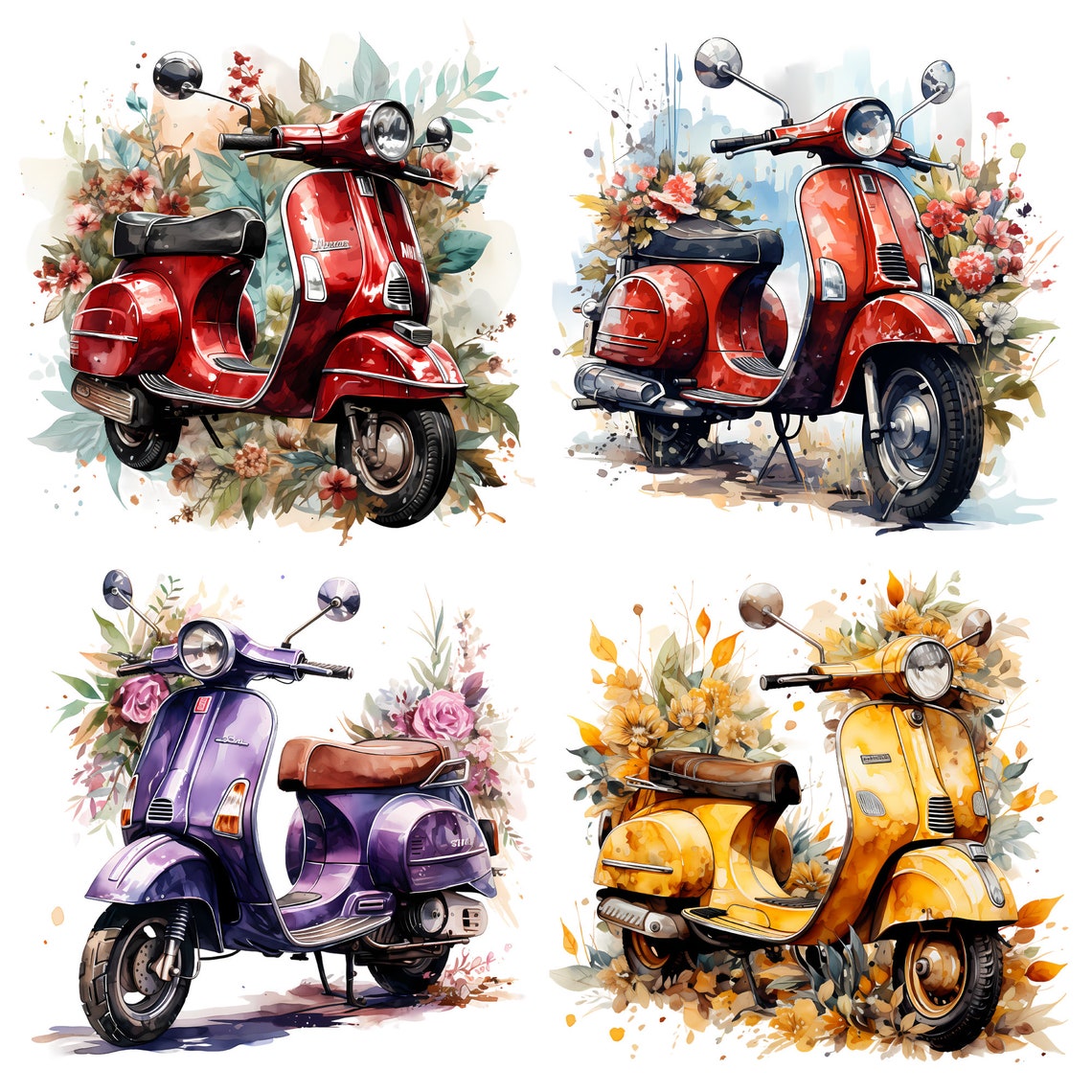 12 Italian Watercolor Vespa With Flowers Clipart, Motorcycle Clipart ...