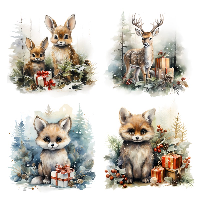 12 Christmas Woodland Clipart, Watercolor Woodland With Transparent ...