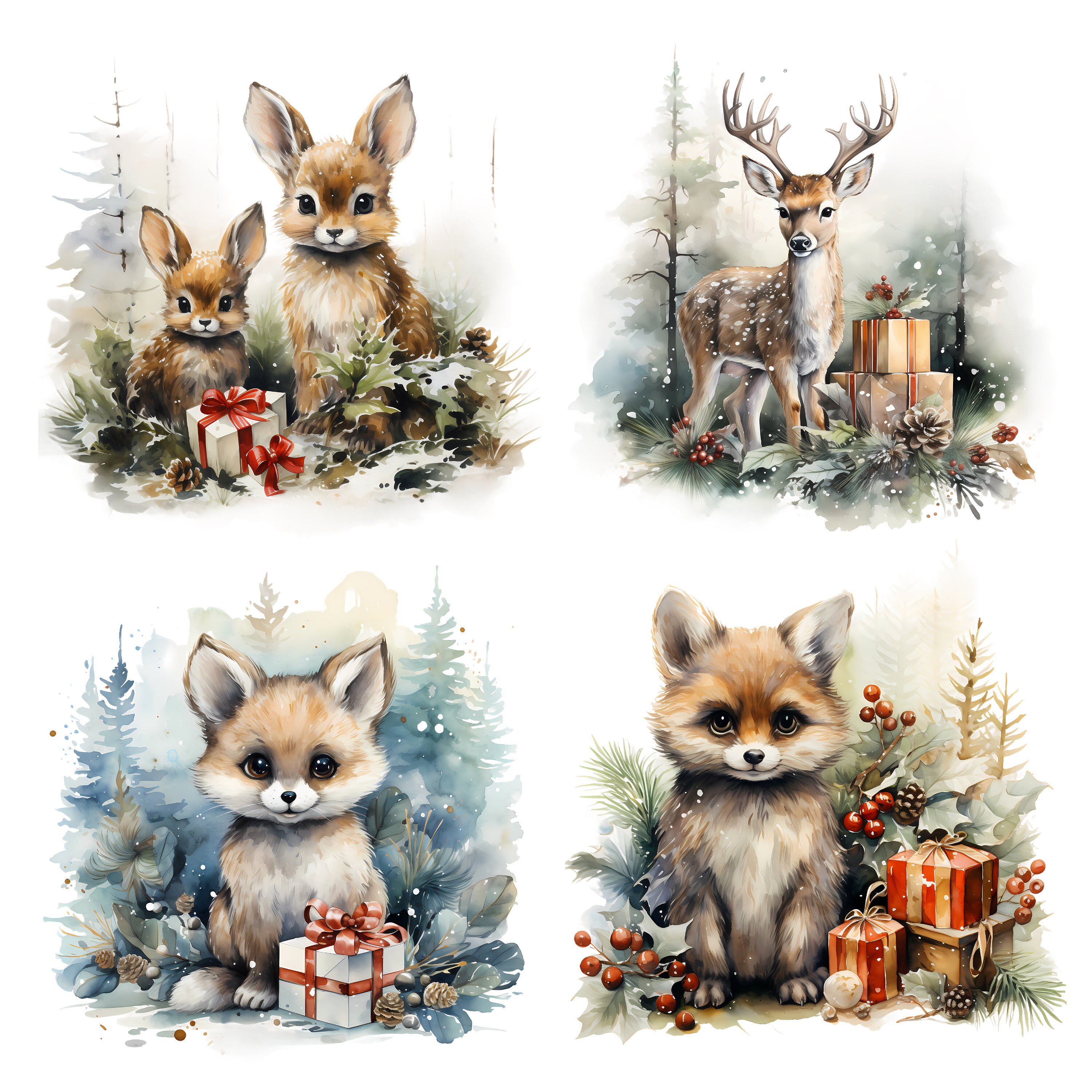 12 Christmas Woodland Clipart, Watercolor Woodland With Transparent ...