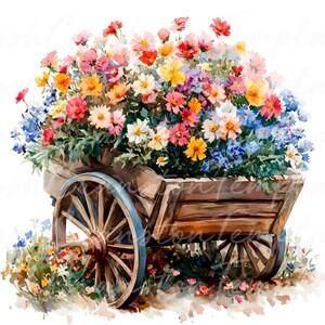 12 Floral Spring Cart Clipart, Digital Watercolor Flowers PNG, Spring ...