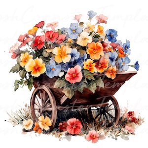 12 Floral Spring Cart Clipart, Digital Watercolor Flowers PNG, Spring ...