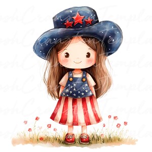 Patriotic Girls Clipart Set, 12 Watercolor Cute Girls in Red White Blue ...