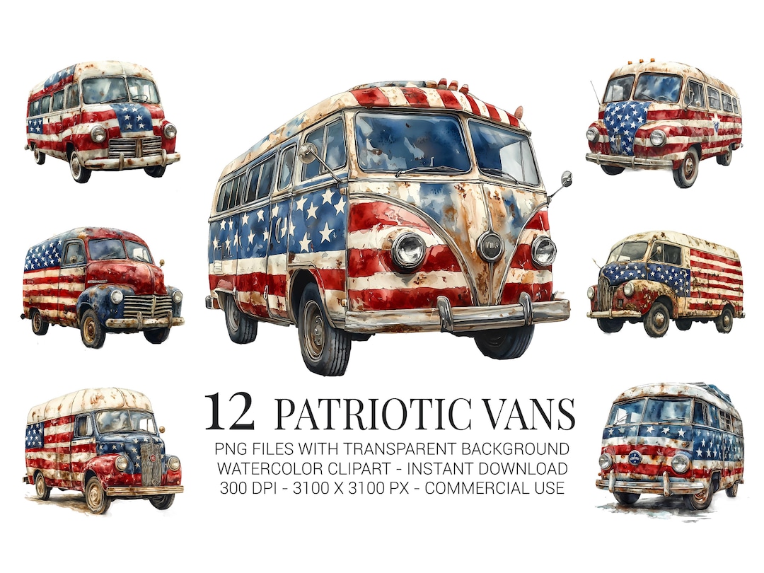 Patriotic Vans Clipart, 12 Watercolor Vintage Vans With USA Flags for ...