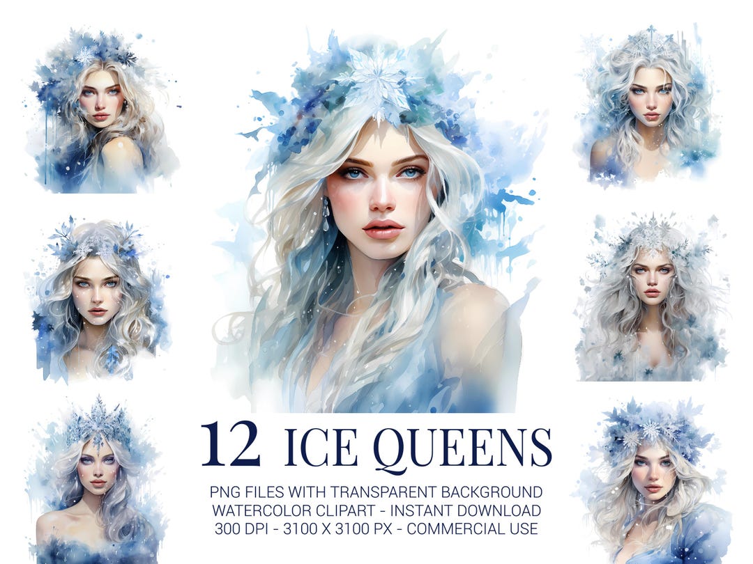Ice Queen Clipart Set - 12 Watercolor Snow Princess & Winter Queen Pngs ...