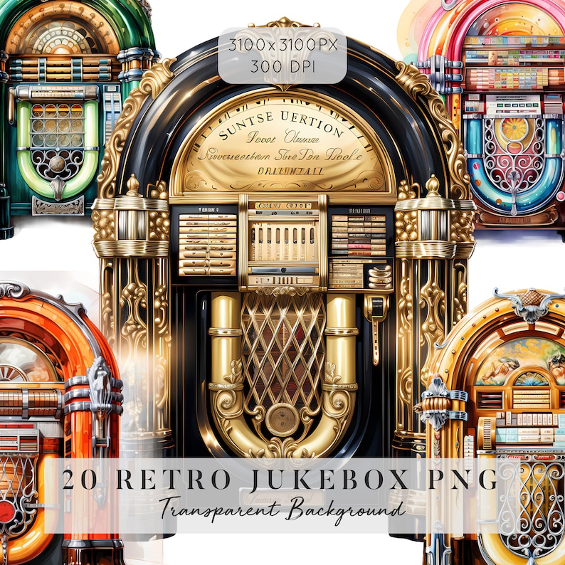 20 Retro Jukebox Clipart, Watercolor Jukebox With Transparent ...