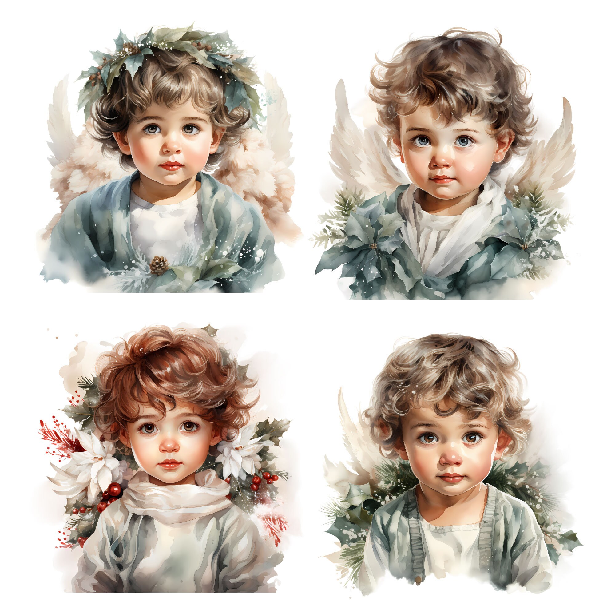12 Christmas Little Boy Angel Watercolor Clipart, PNG Transparent ...