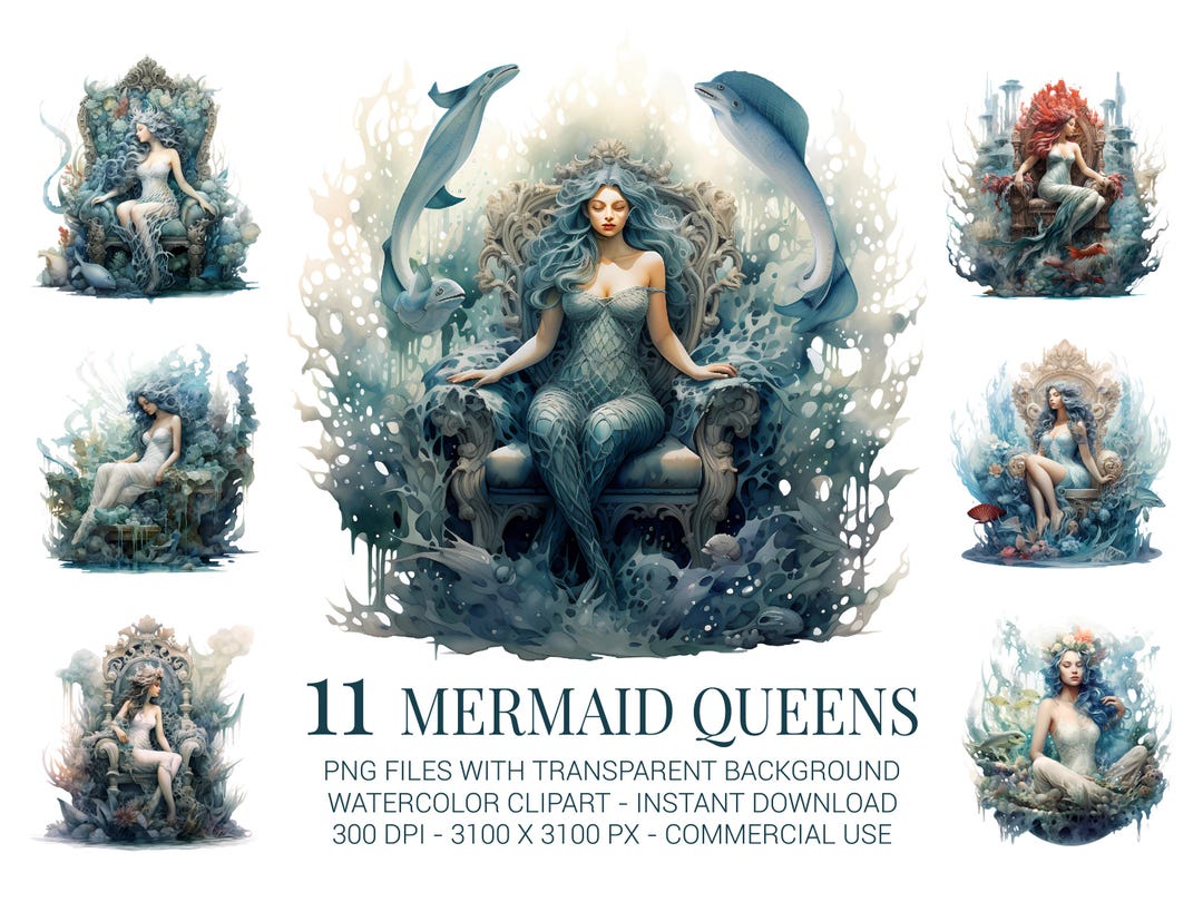 Mermaid Queen Clipart Bundle, Watercolor Fantasy Mermaids PNG, Ocean ...