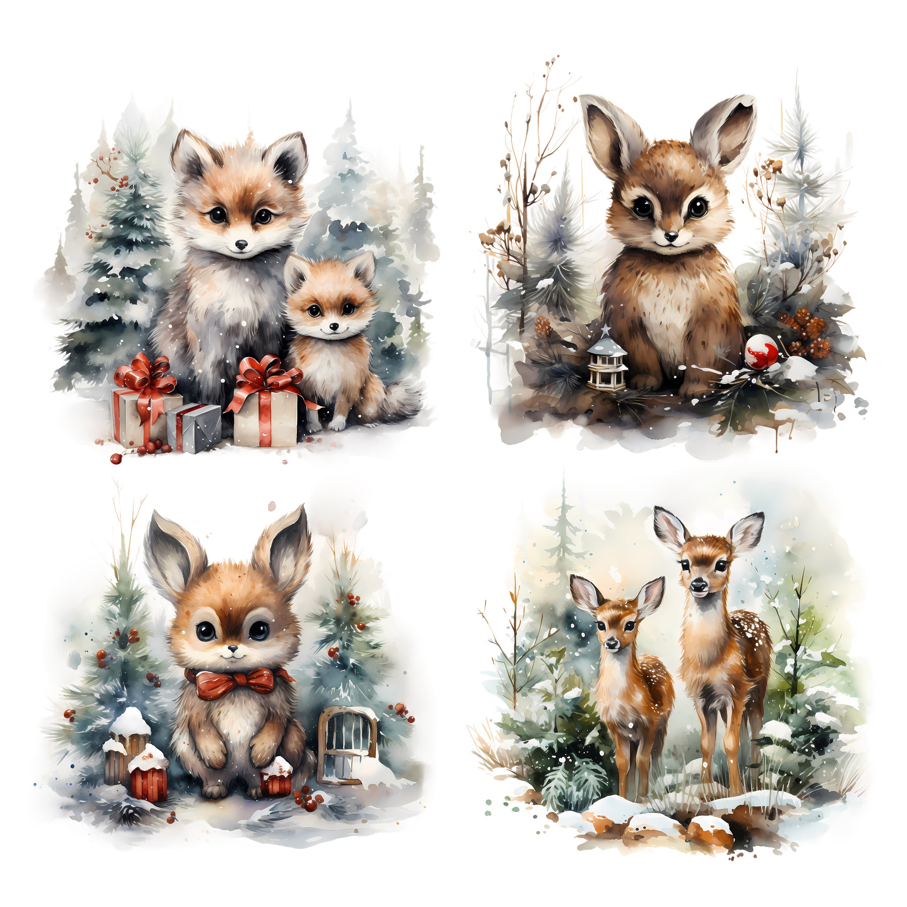 12 Christmas Woodland Clipart, Watercolor Woodland With Transparent ...