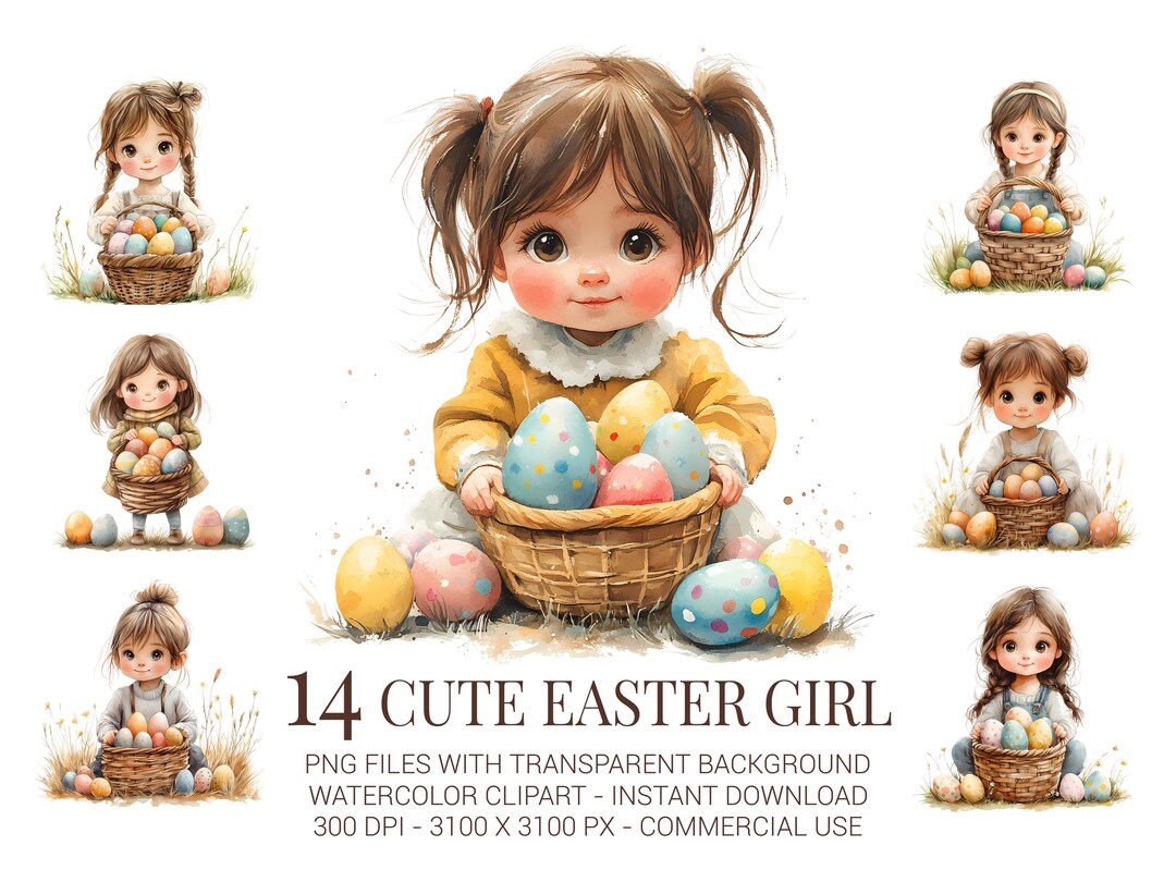 Watercolor Easter Girls Clipart Set: Springtime PNG Graphics (digital ...
