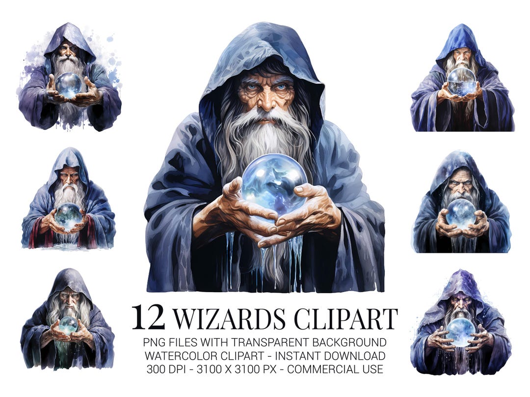Wizard Clipart Set - 12 Watercolor Wizards Holding Crystal Balls Pngs ...