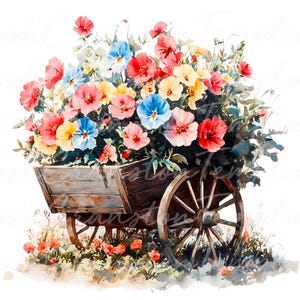 12 Floral Spring Cart Clipart, Digital Watercolor Flowers PNG, Spring ...
