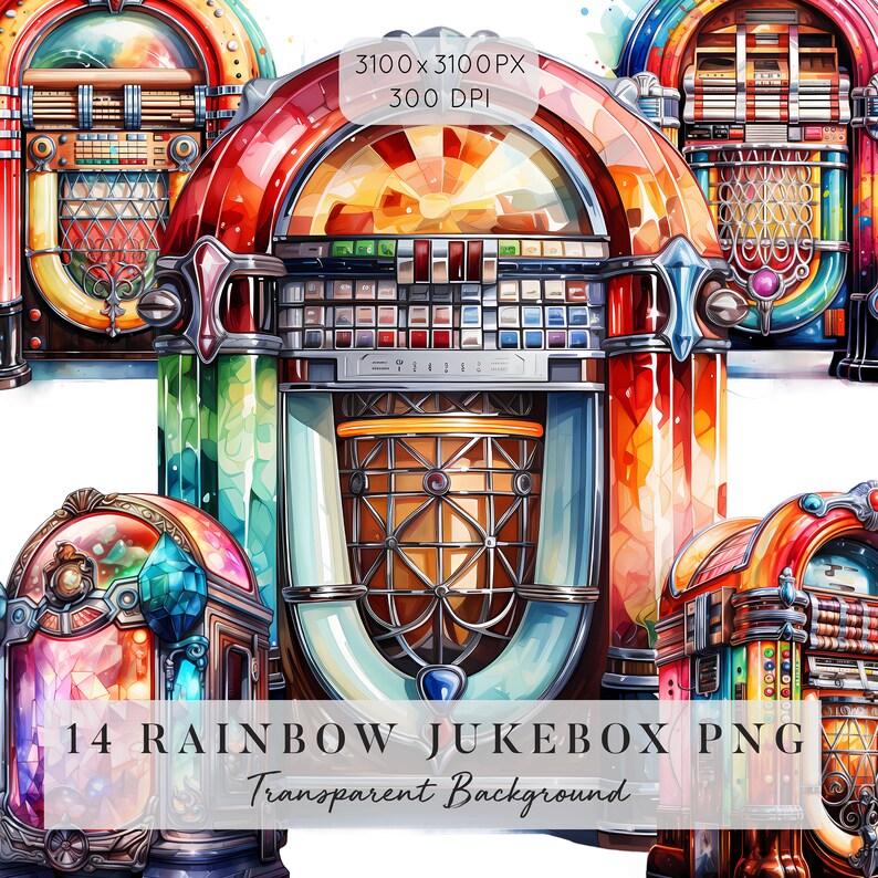 14 Rainbow Jukebox Clipart, Watercolor Jukebox With Transparent ...