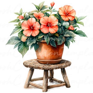 14 Digital Spring Clipart Red Flower Pot, Botanical Illustration ...