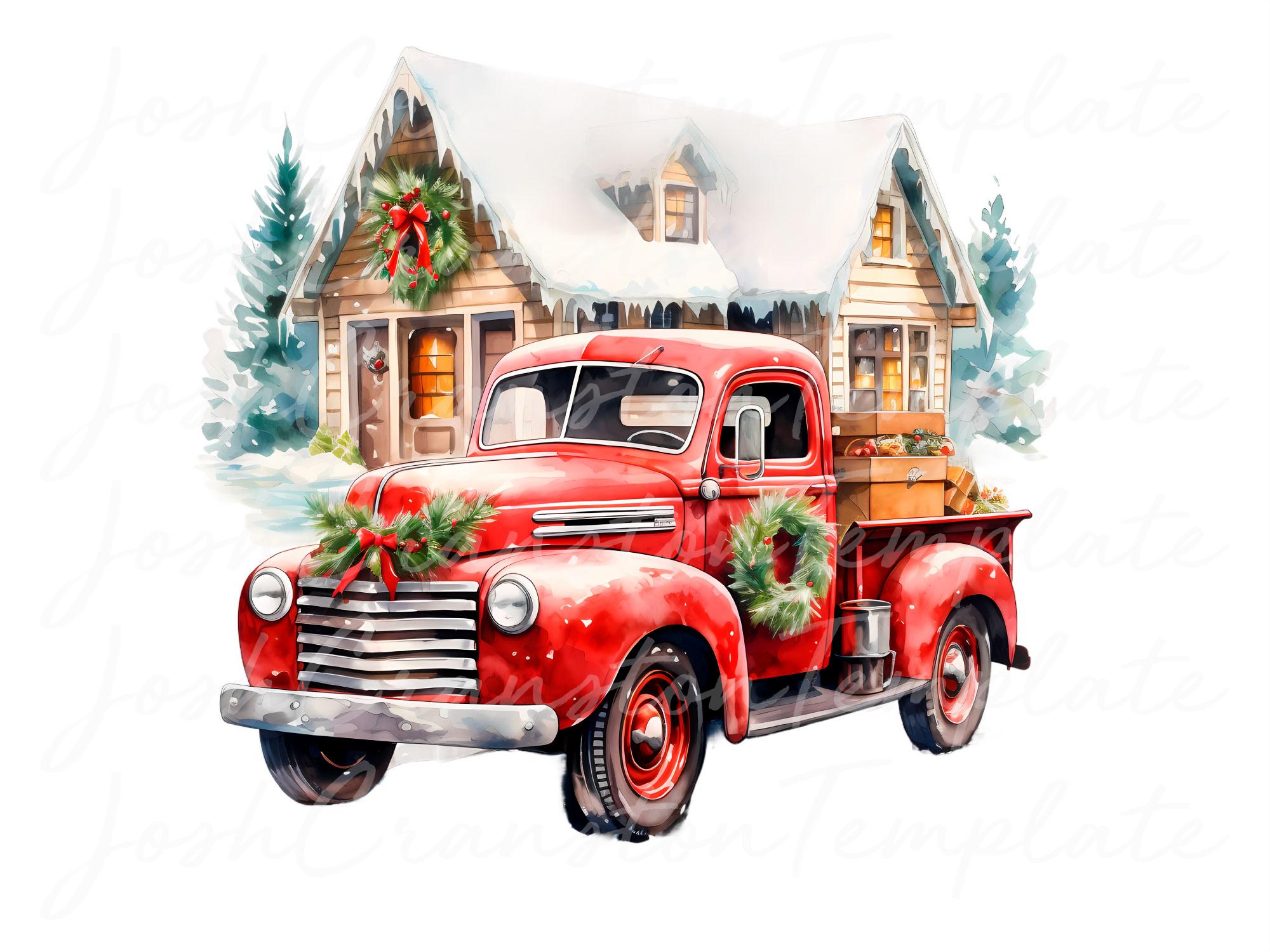 Christmas Truck Watercolor Clipart: Vintage Holiday Pngs (digital ...