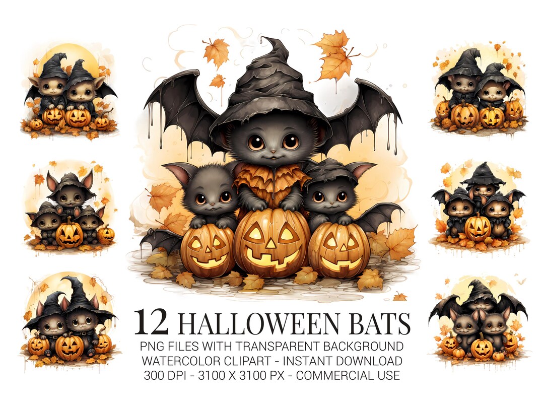Halloween Bats Clipart Set - 12 Cute Watercolor Bats With Pumpkins ...