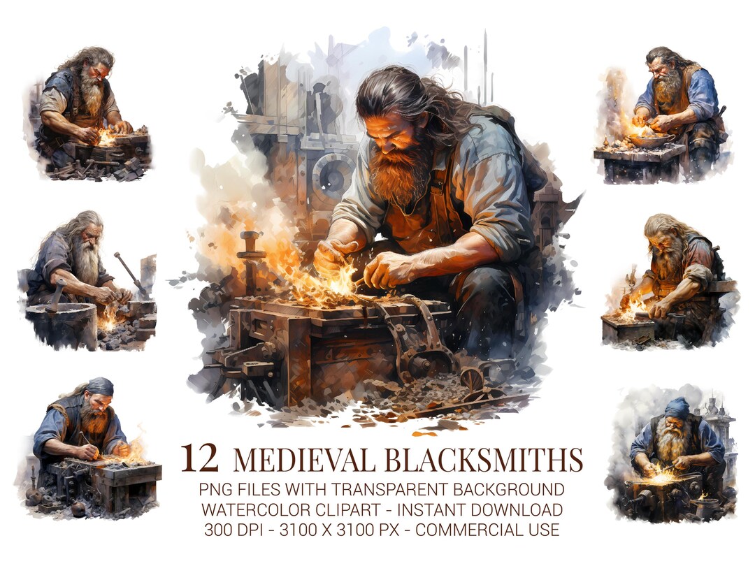 Medieval Blacksmith Clipart Bundle - 12 Watercolor Forge Worker Pngs ...