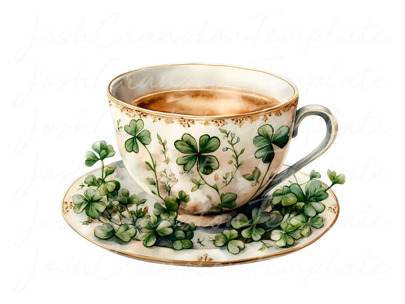 18 Vintage Tea Cup Printable Art, Shamrock Coffee Cup Print, Irish Tea ...