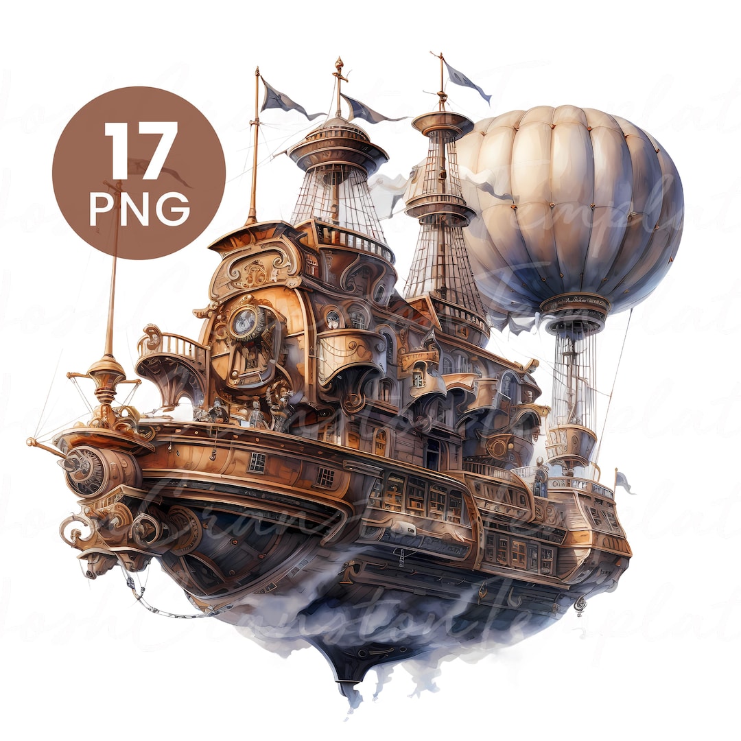Steampunk Airships Watercolor Clipart: Fantasy Flying Machines (digital ...