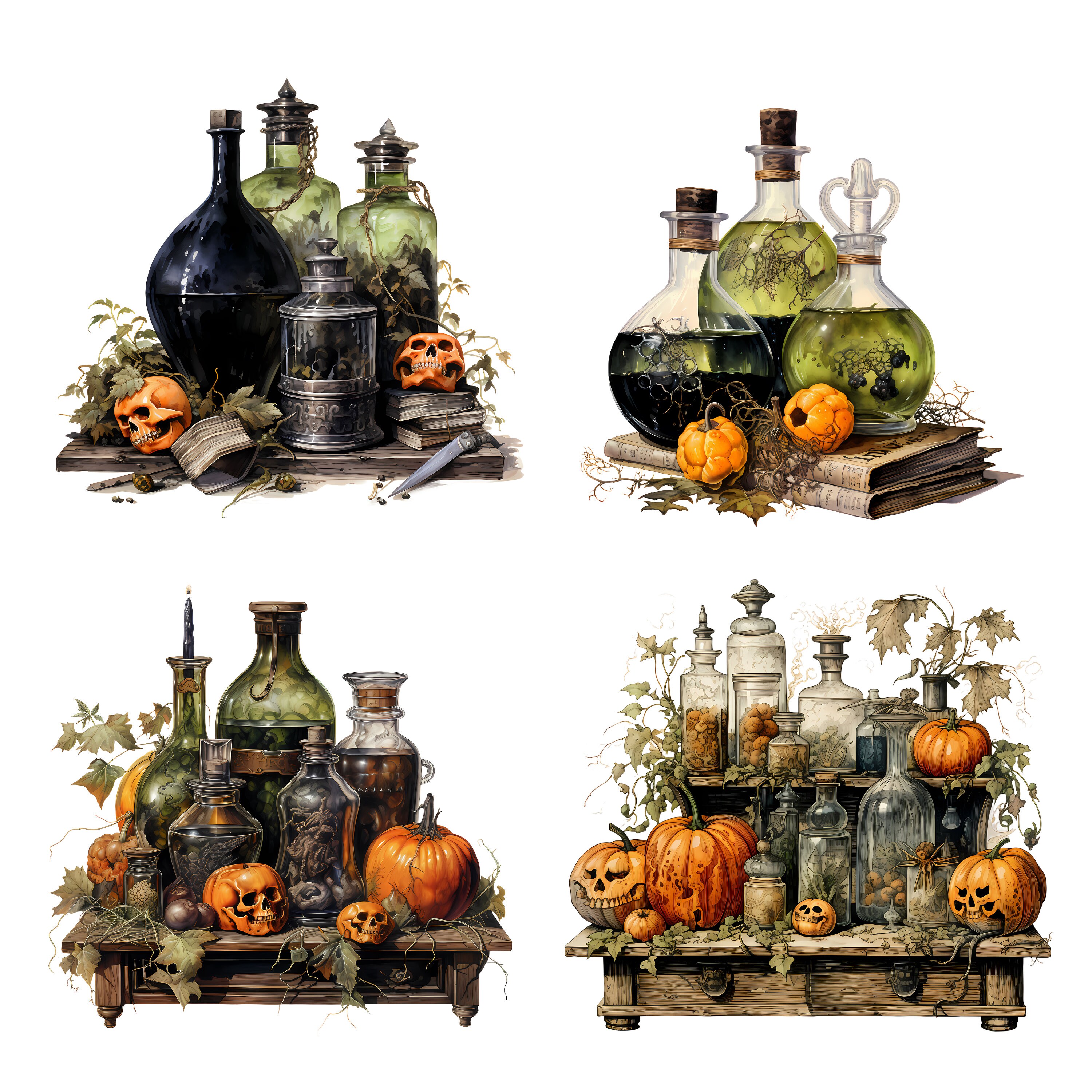 20 Halloween Potion Bottles Clipart, Watercolor Potion Botttle With ...
