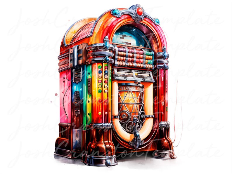 Retro Jukeboxes Clipart Set, 16 Colorful Watercolor Music Pngs for 50s ...