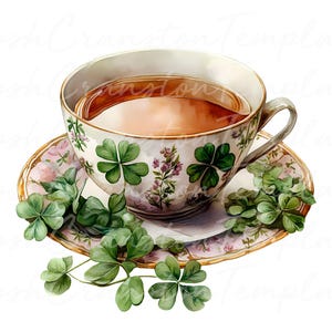 18 Vintage Tea Cup Printable Art, Shamrock Coffee Cup Print, Irish Tea ...