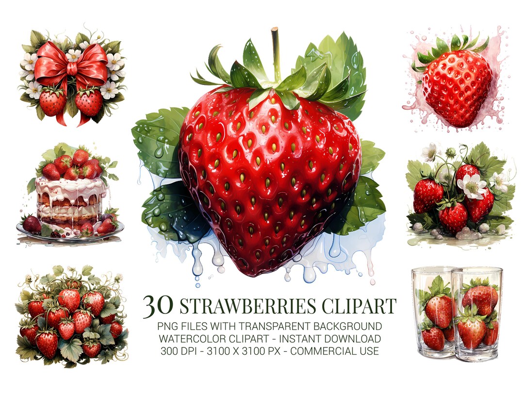Strawberries Clipart Set, 30 Watercolor Juicy Strawberries, Cakes ...