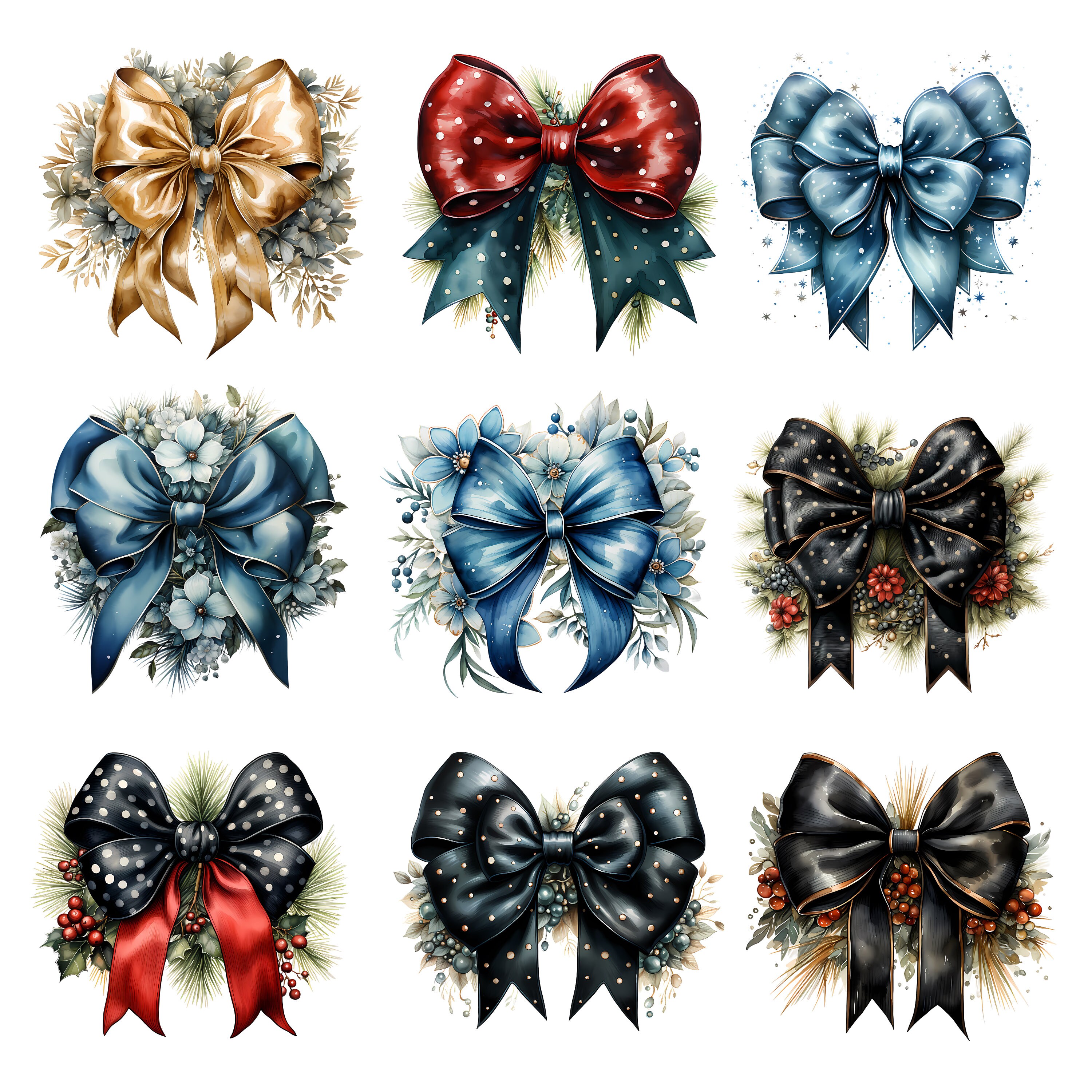 25 Christmas Bow Clipart, Watercolor Bow With Transparetn Background ...