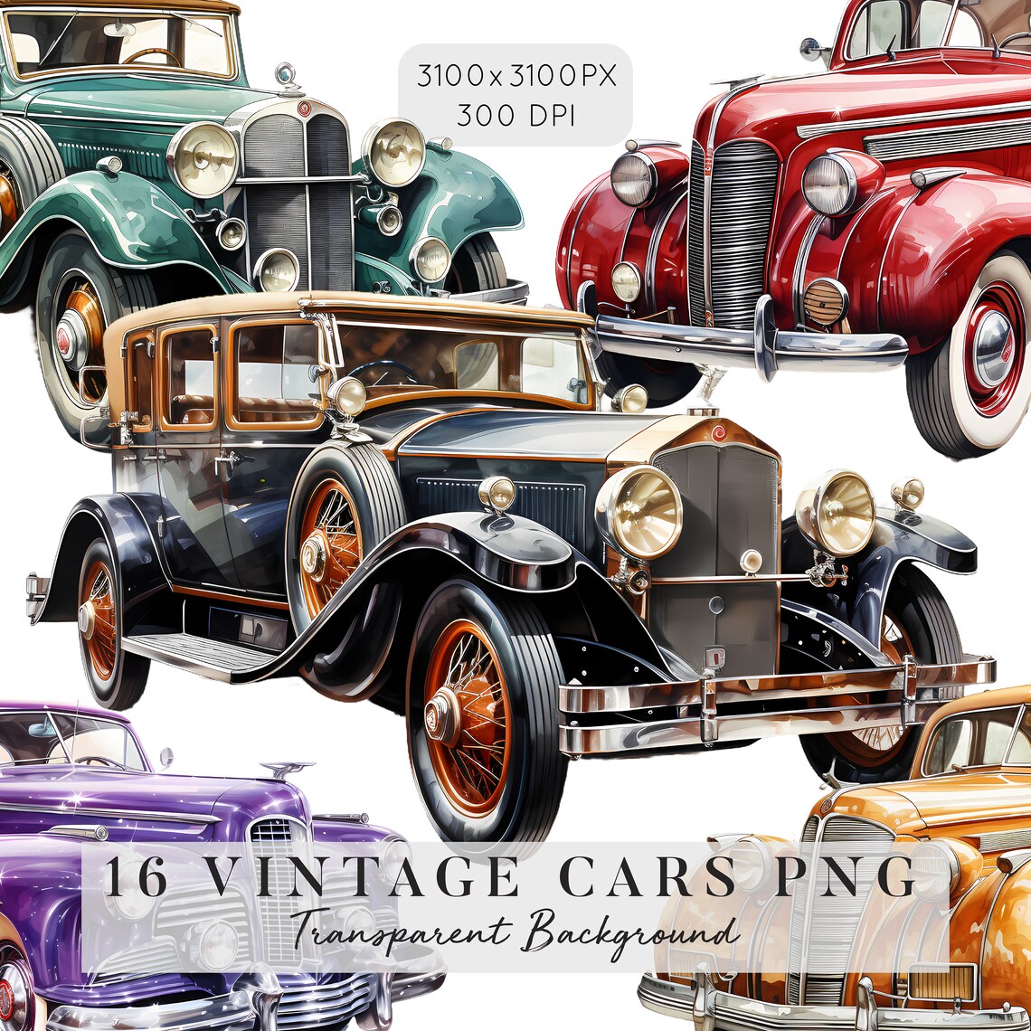 16 Vintage Cars Clipart, Vintage Cars Bundle, Watercolor Car With ...