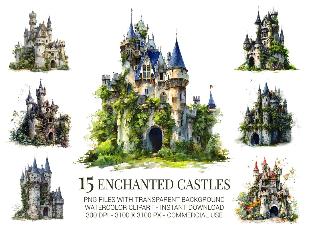 Enchanted Castle Clipart Set - 15 Magical Watercolor Castles Pngs for ...