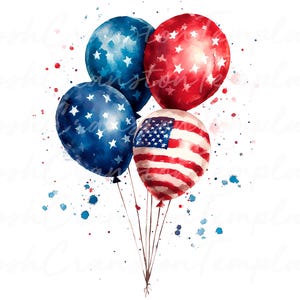 Patriotic Balloons Clipart Set, 15 Watercolor Red White Blue Balloons ...