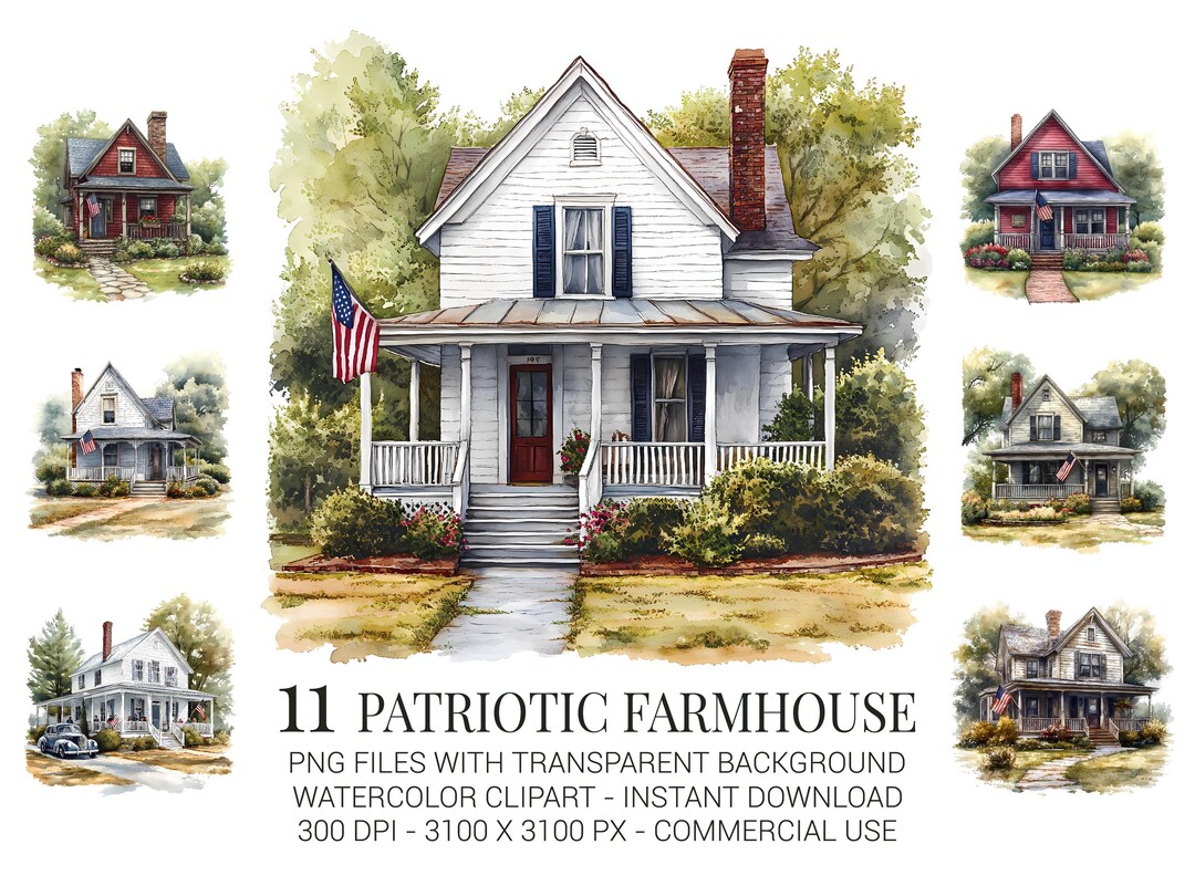Patriotic Farmhouse Clipart Set, 11 Watercolor Country Homes With USA ...